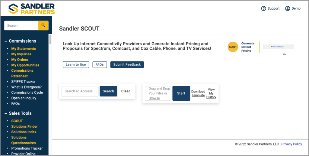 Sandler Partners SCOUT Connectivity Lookup Cable Pricing Sales Tool